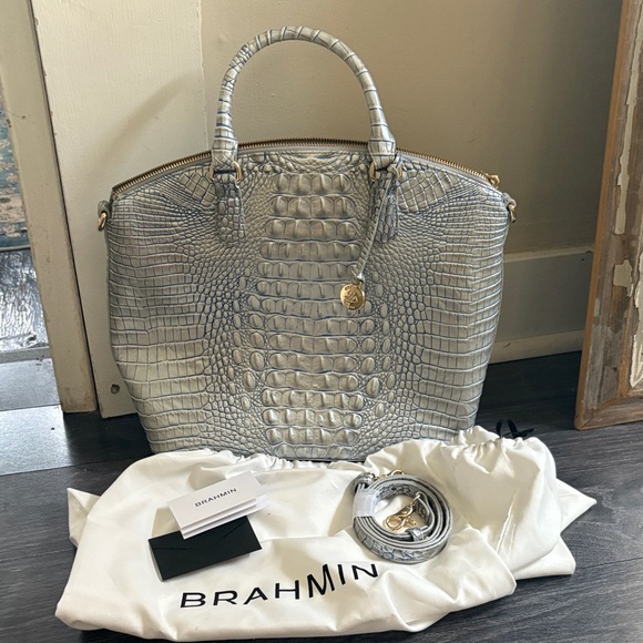 Brahmin | Bags | Brahmin Silver Satchel With Reptile Texture | Poshmark